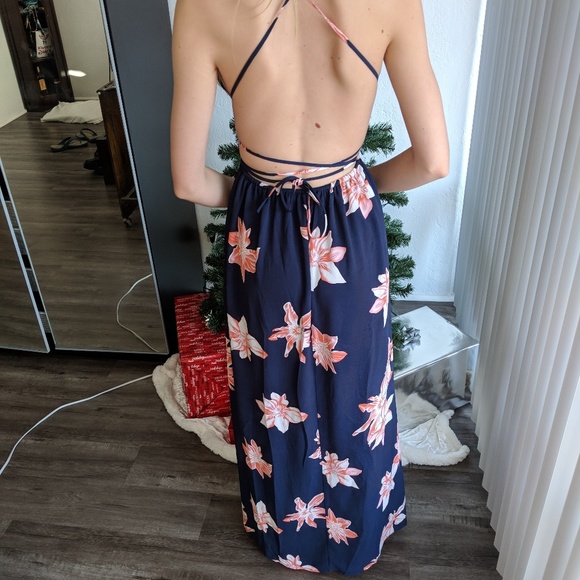 Dresses | Dark Blue Maxi Dress With Coral Flowers | Poshmark